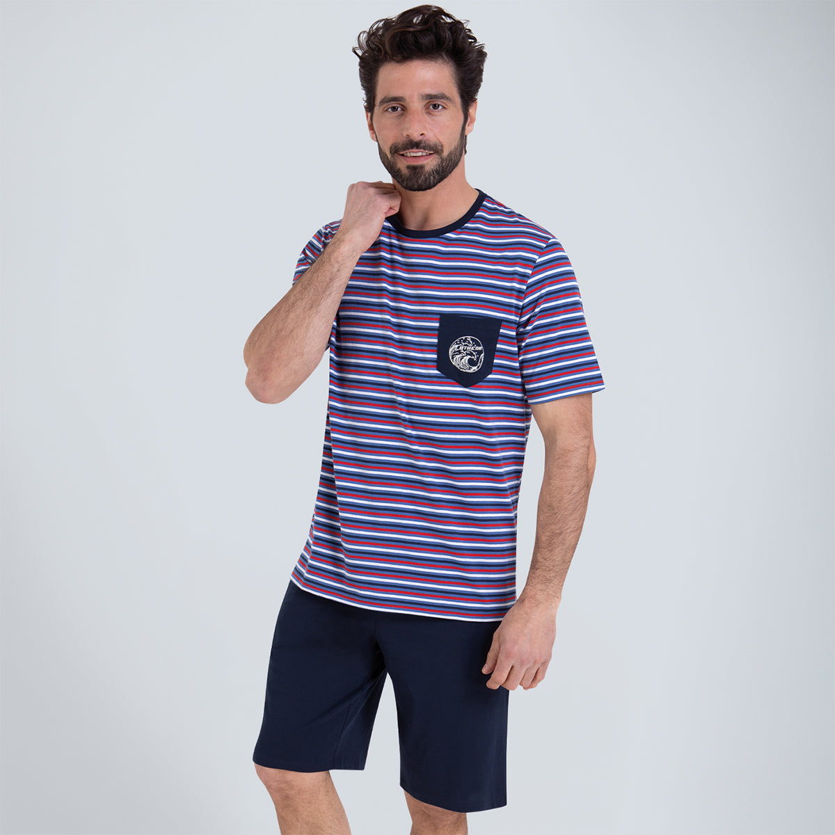 Pyjama court col rond homme Rayures Waves Athena