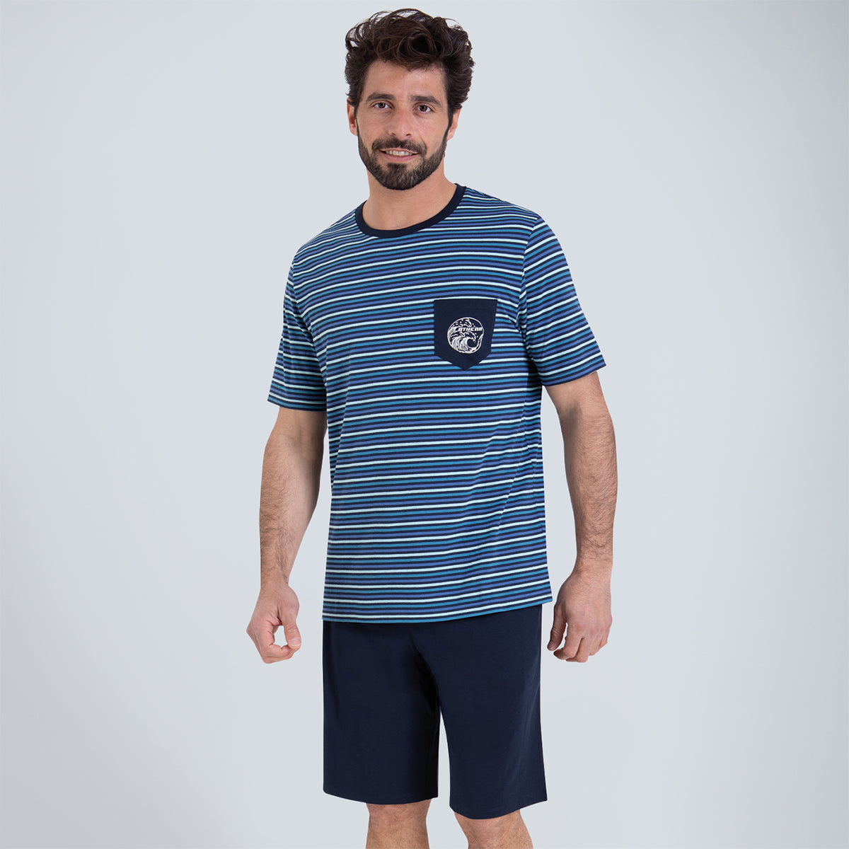 Pyjama court col rond homme Rayures Waves Athena